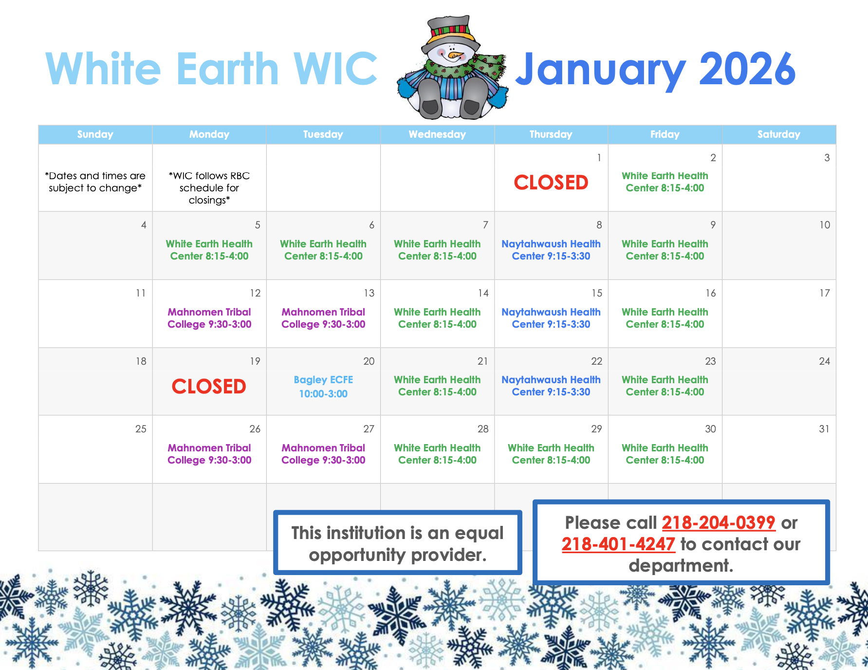 White Earth Nation | January WIC Calendar